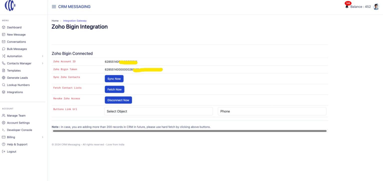 CRM Messaging For Zoho Bigin - User Documentation - CRM Messaging CRM Messaging For Zoho Bigin - User Documentation - CRM Messaging