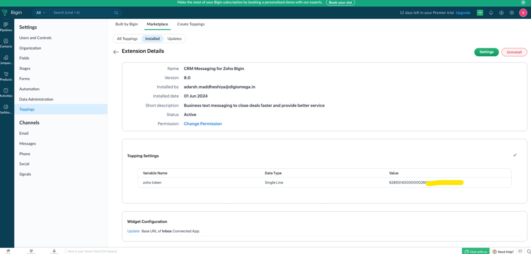 CRM Messaging For Zoho Bigin - User Documentation - CRM Messaging CRM Messaging For Zoho Bigin - User Documentation - CRM Messaging